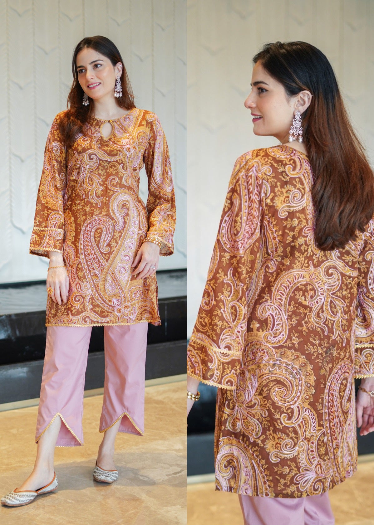 Paisley Print Embroidered Kurta Pants Set