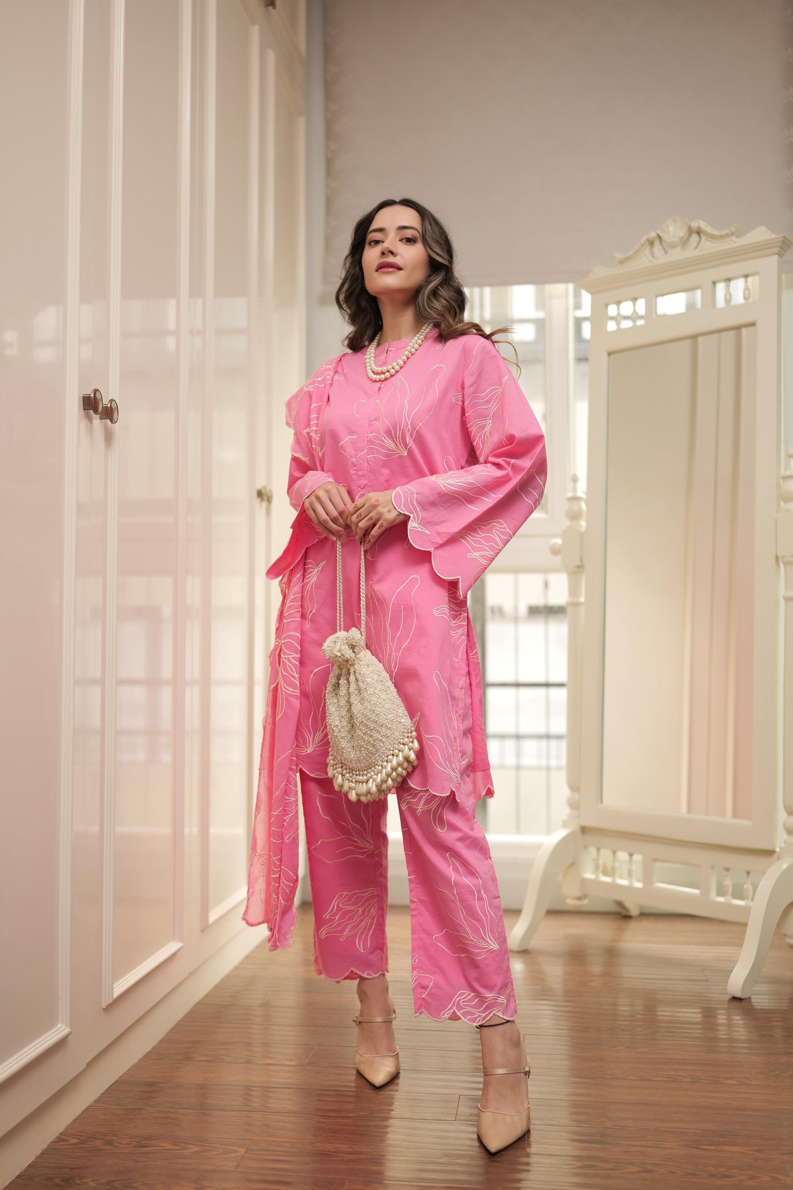 Pink Embroidered Suit Set