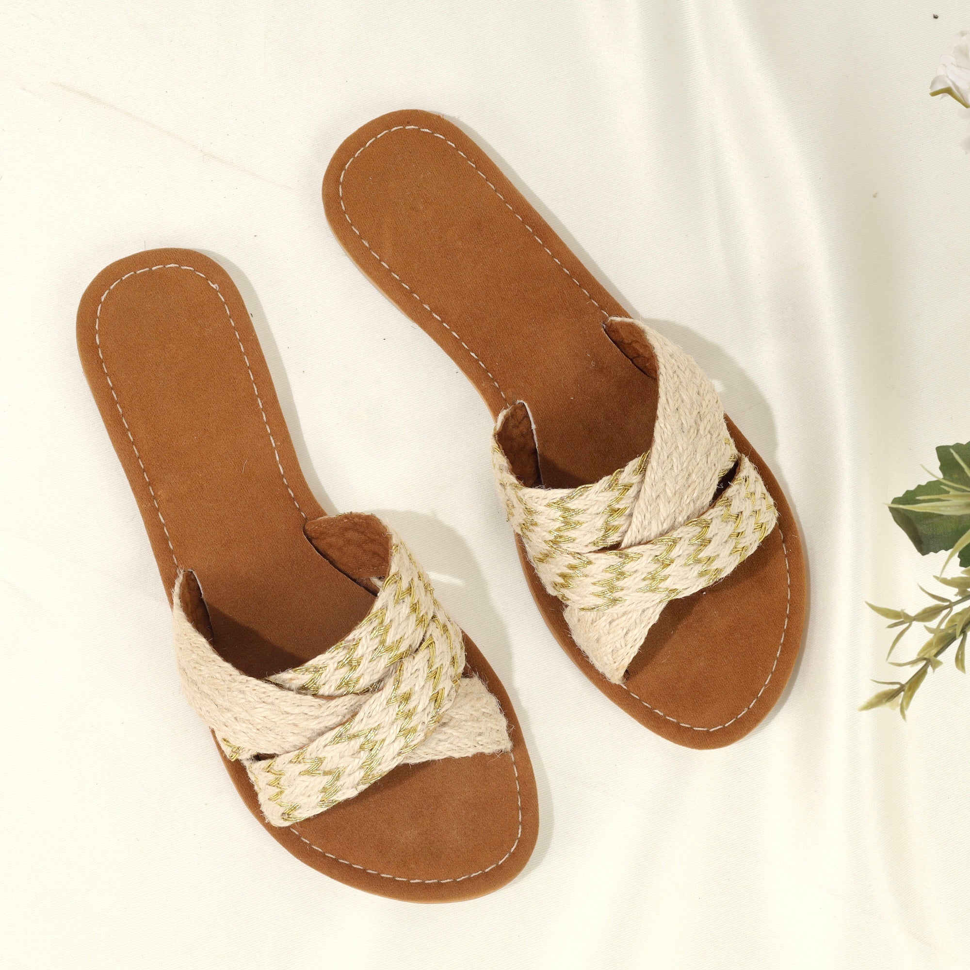 Beige Woven Slides